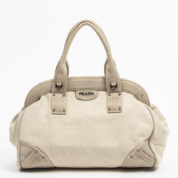 Prada | Bags | Prada Logo Frame Tote In Beige Canvas | Poshmark